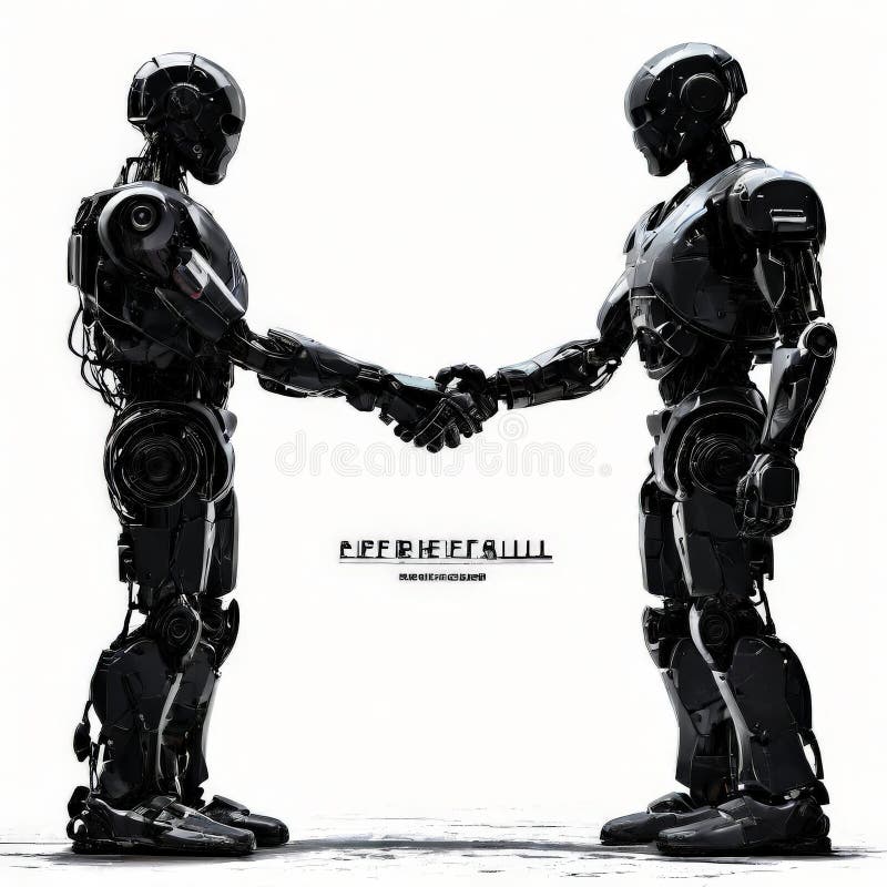 Two Humanoid Robots Shaking Hands in a Futuristic Setting Stock Image ...