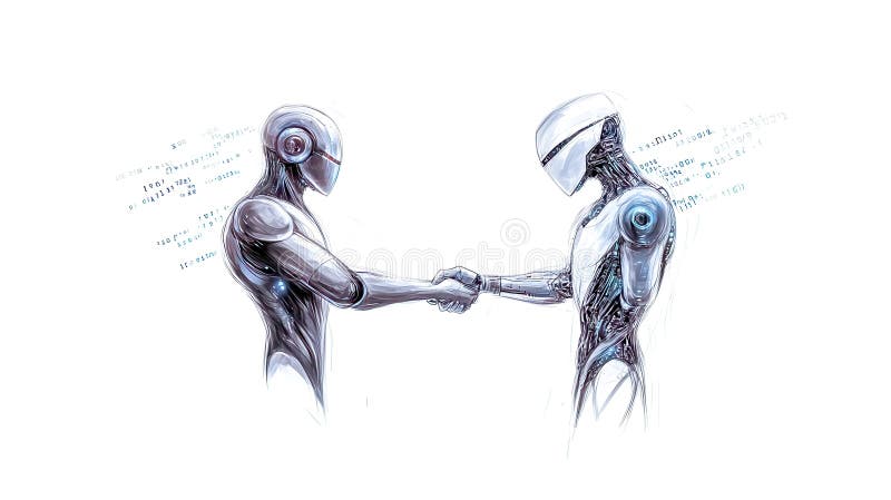 Two Humanoid Robots Shaking Hands, Surrounded by Binary Code, on a White Background Stock Photo ...