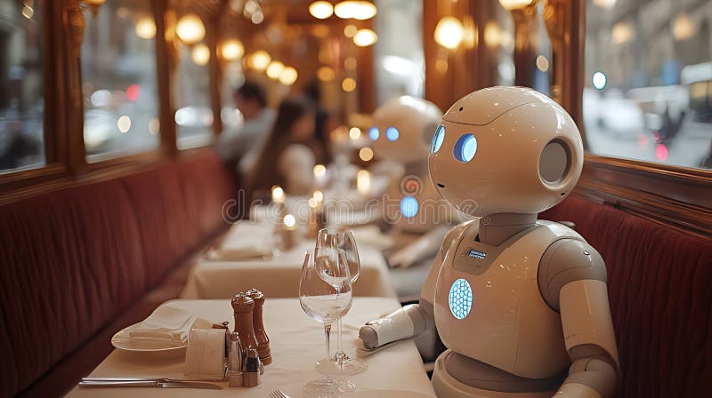 Two Humanoid Robots Sit at a Table in a Restaurant, Looking Out the ...