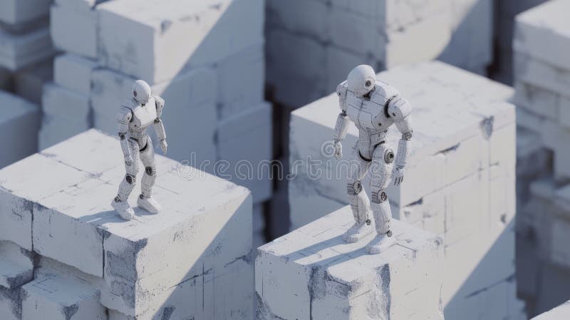 Two Humanoid Robots on White Blocks in a Futuristic Setting Stock Photo ...