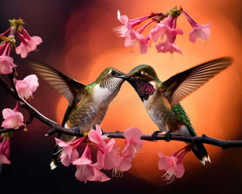 Two Hummingbirds on a Branch with Pink Flowers Stock Illustration ...