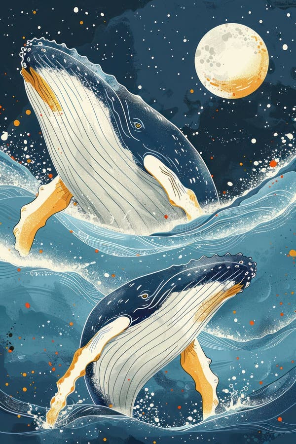 Two Humpback Whales Breaching Under Night Sky with Full Moon Stock ...