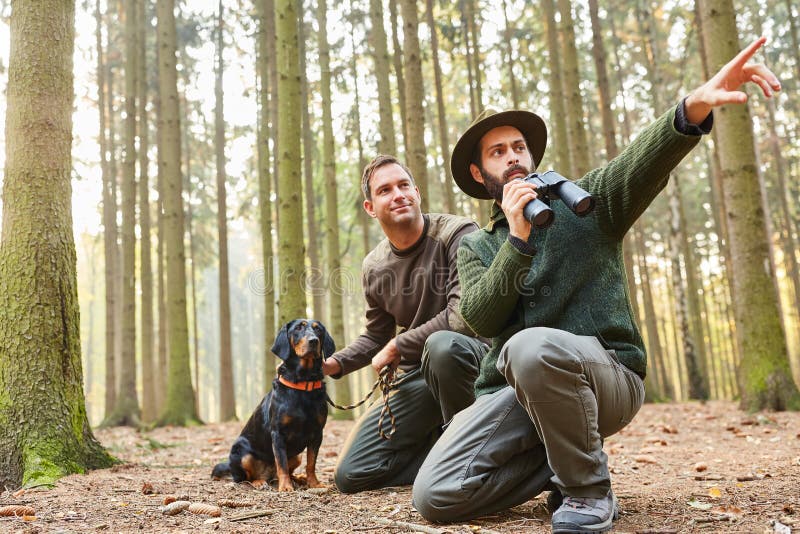 Two Hunters with Binoculars and with Hawk Stock Image - Image of ...