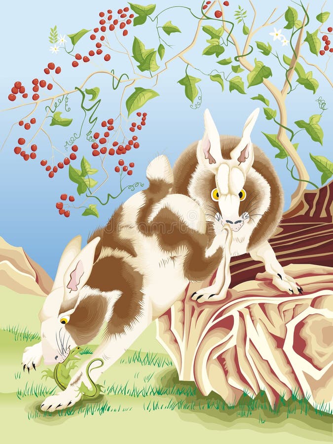 Two Hunting Rabbits with Lizard Stock Vector - Illustration of design ...