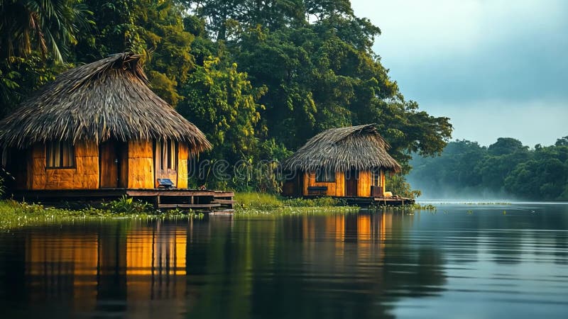 Two Huts by a Calm River are Surrounded by Dense Foliage in the Morning ...