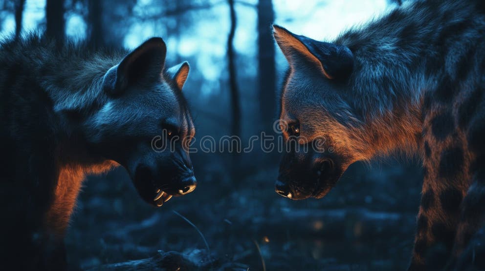 Two Hyenas Confrontation in Dark Forest at Night Stock Illustration ...