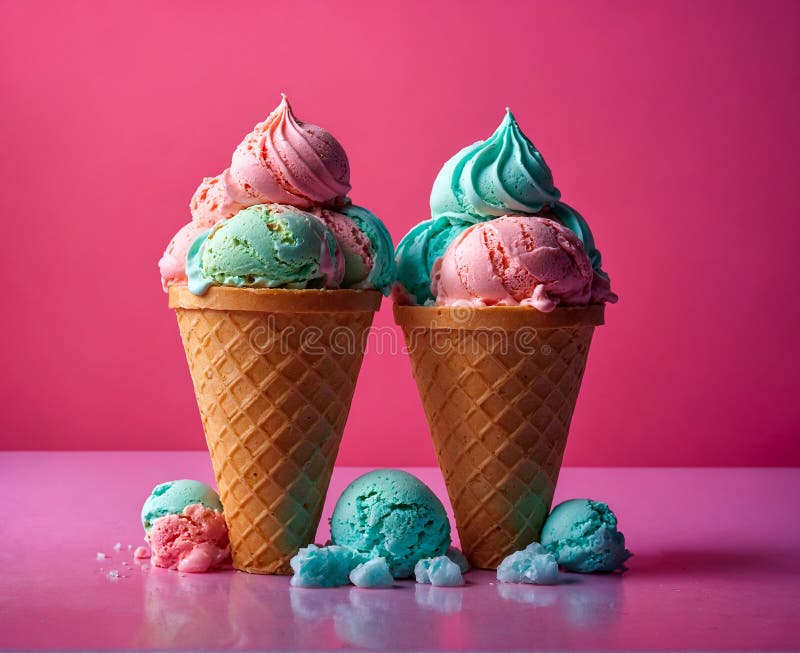 Two Ice Cream Cones with Different Bright Colored Ice Cream on Top. AI ...