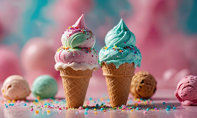 Two Ice Cream Cones With Different Colored Toppings Are Sitting On A Table Stock Illustration