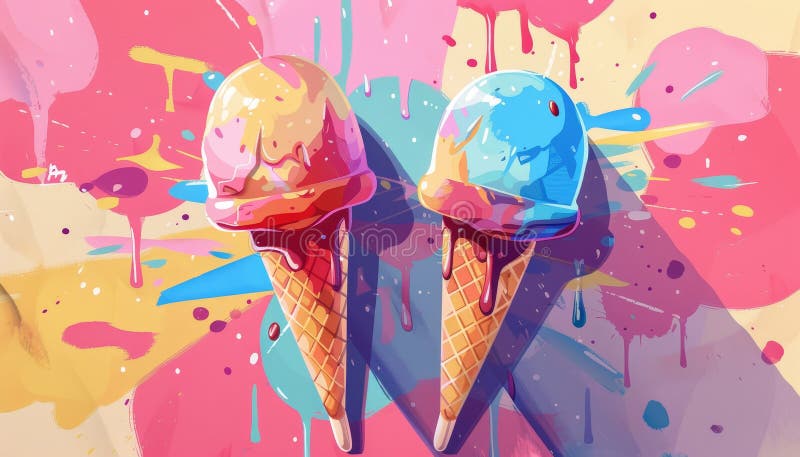 Two Ice Cream Cones with Different Colors of Ice Cream on Top by AI ...