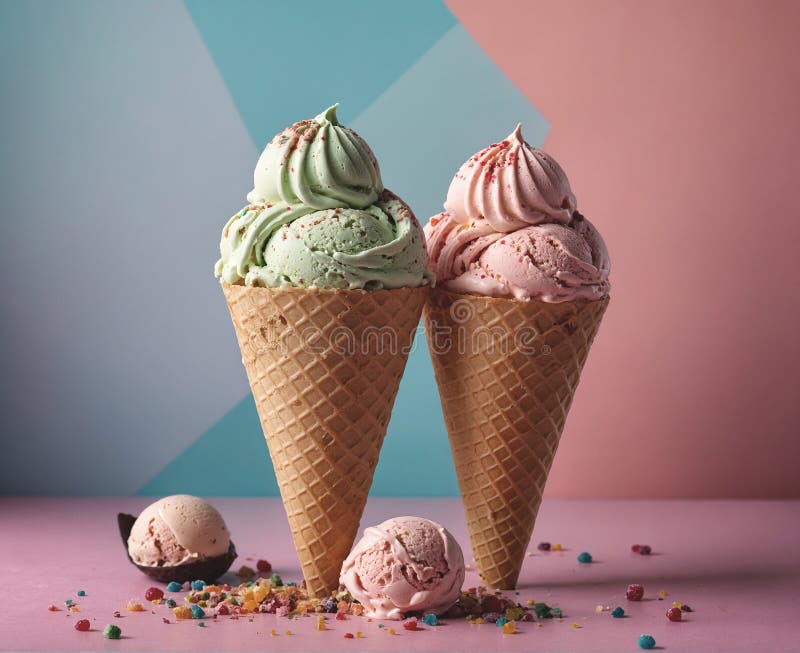 Two Ice Cream Cones with Different Flavors, One Green and One Pink. AI ...