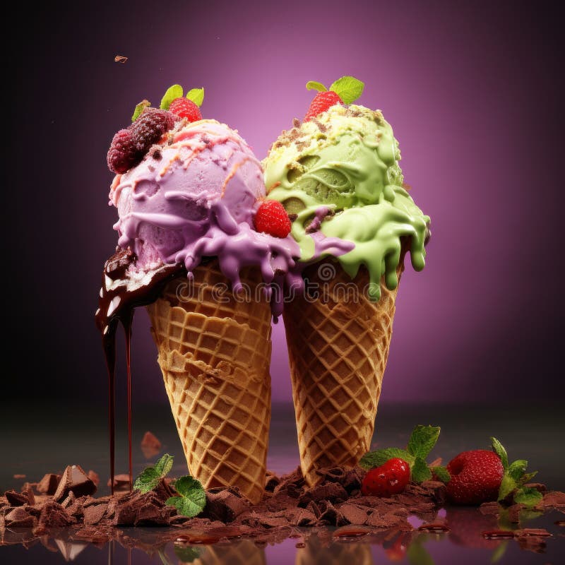 Two Ice Cream Cones with Fruit on Them Stock Illustration ...