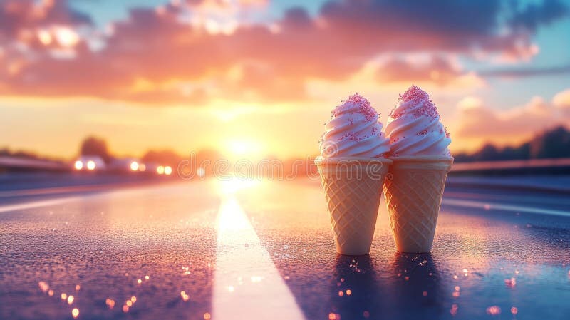 Two Ice Cream Cones on Road at Sunset Stock Illustration - Illustration ...