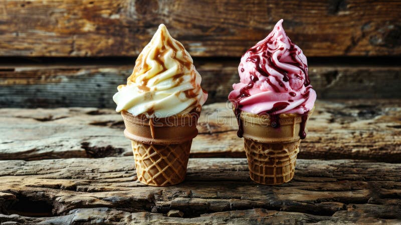 Two Ice Cream Cones on Rustic Wooden Table, Perfect for Summer Vibes ...