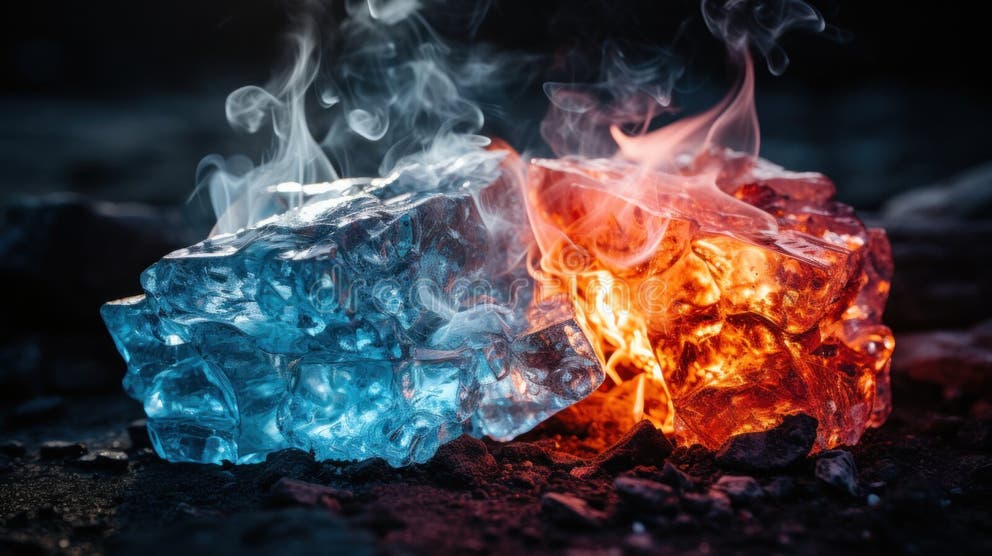 Two Ice Cubes are Burning with Fire on a Rock, AI Stock Photo - Image ...