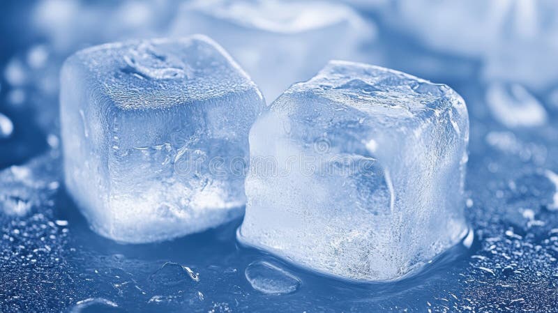 Two Ice Cubes Rest on a Table, Surrounded by Melted Water Droplets ...