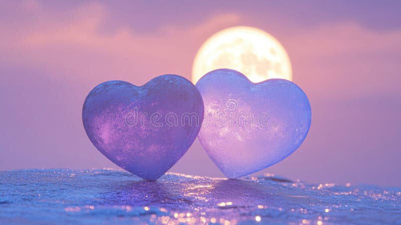 Two Ice Hearts Under a Full Moon at Night Stock Illustration ...