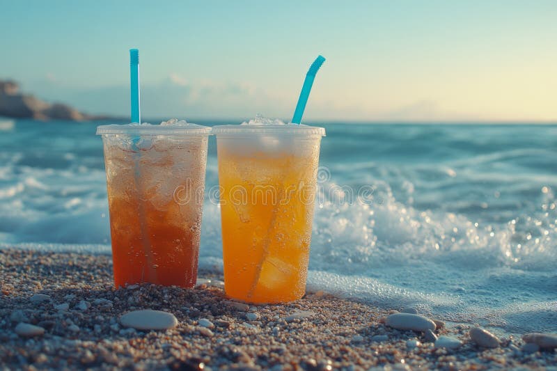 Two Iced Beverages on a Sandy Beach with Ocean Waves in the Background ...