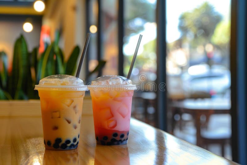 Two Iced Bubble Tea Drinks Sitting on Cafe Countertop Stock Photo ...