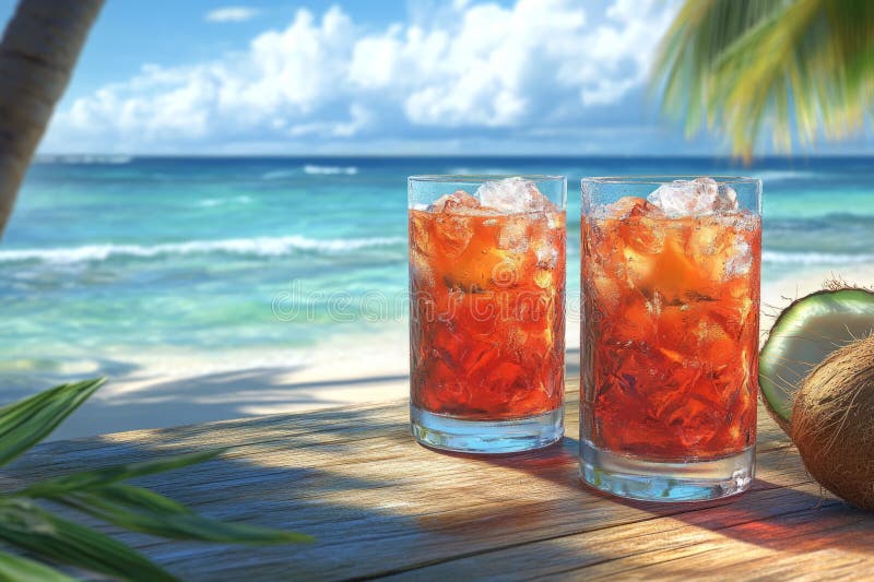 Two Iced Cocktails on a Beach Table with Ocean View Stock Image - Image ...