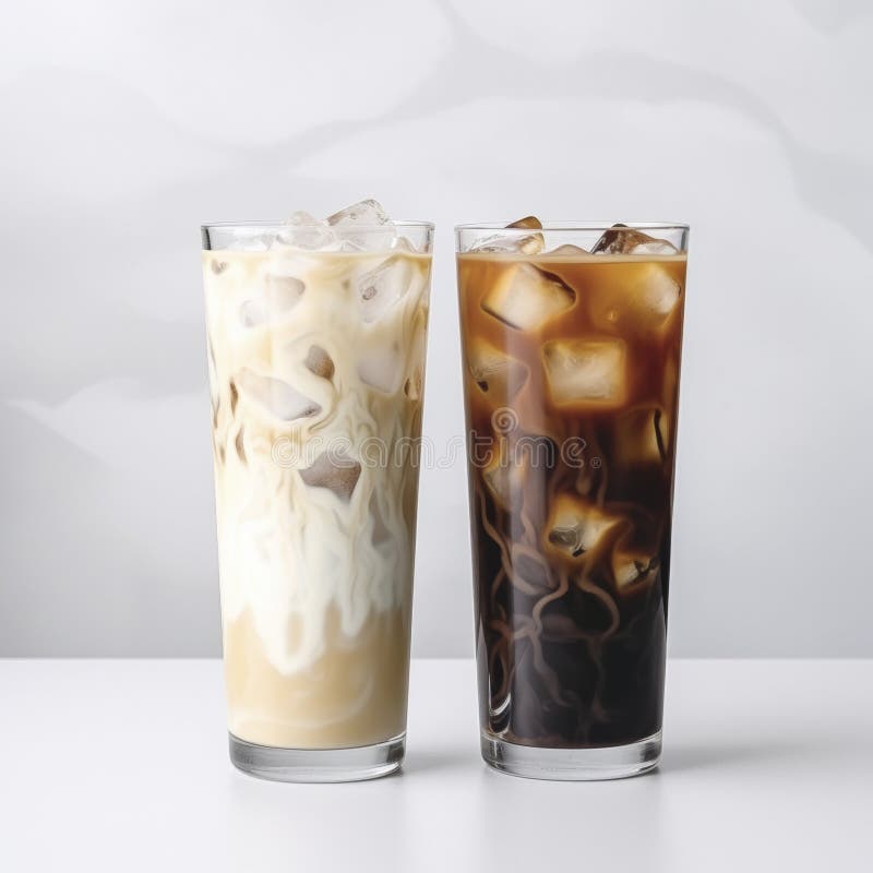 Two Glasses Containing Iced Coffee Drinks with Milk and Ice Cubes are ...