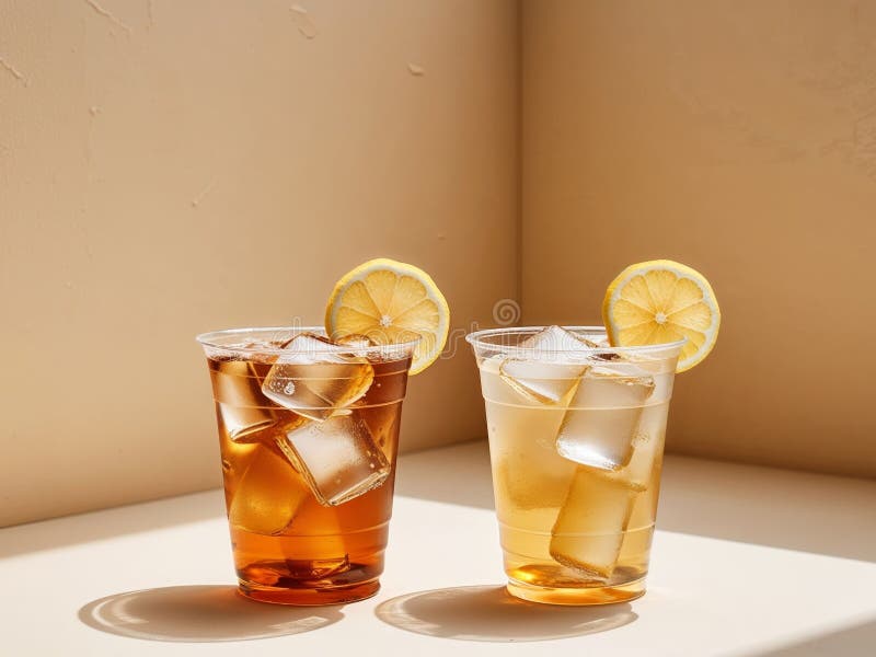Two Iced Teas with Ice Cubes in Plastic Cups on Beige Background Stock ...