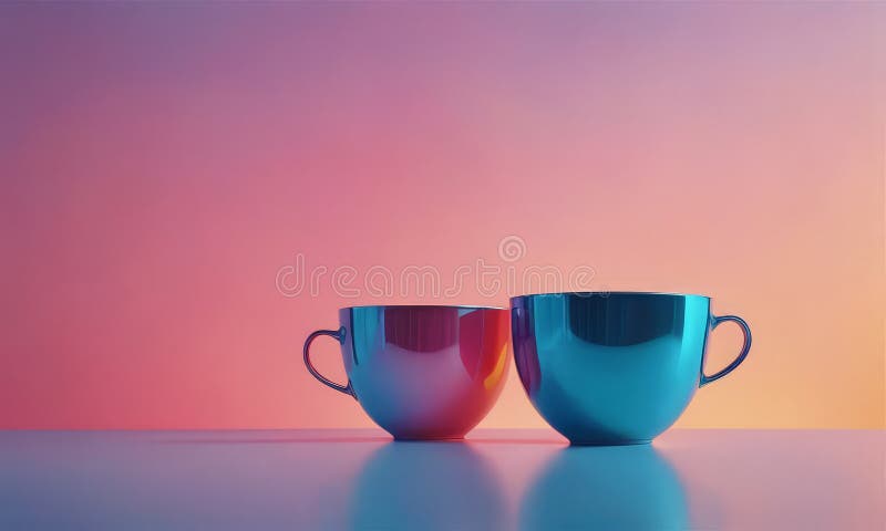 Two Identical Coffee Cups, One Red and One Blue, Stand on Reflective ...