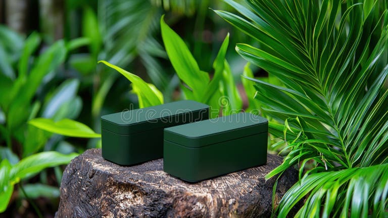 Two Identical Green Rectangular Boxes Sit on a Tree Stump in a Lush ...
