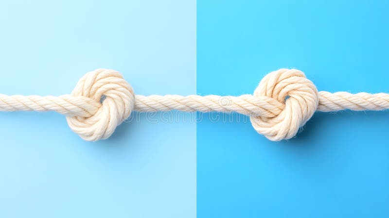 Two Identical Knots on a White Rope, Set Against a Split Blue ...