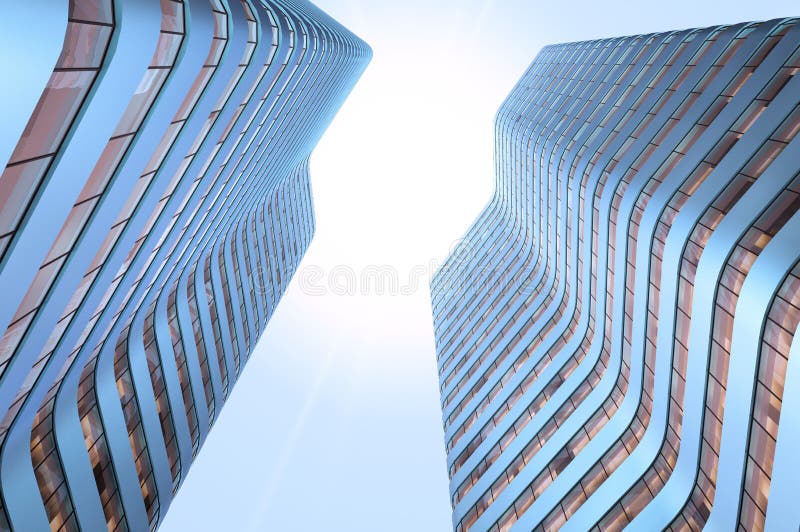 Two Identical Skyscrapers in Blue Tint Bottom View Stock Illustration ...