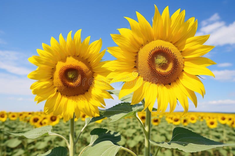 Two Identical Sunflowers in a Field Stock Image - Image of flowers ...