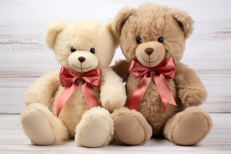 Two Identical Teddy Bears with Different Ribbon Colors Stock Image ...