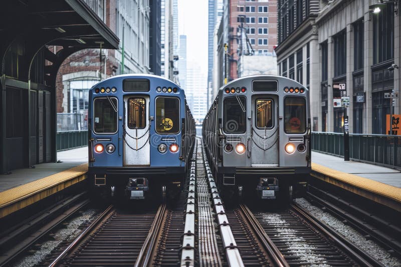Two Identical Trains at a Station, Under an Intricate Metal Structure ...