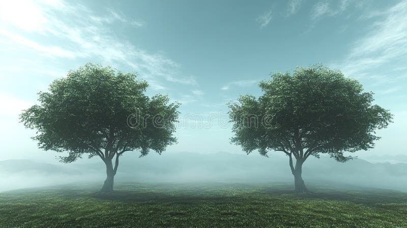 Two Identical Trees on a Misty Hill Stock Illustration - Illustration ...