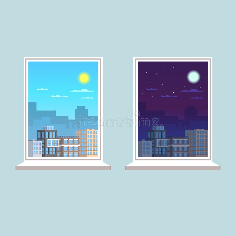 Two Identical Windows with Day and Night. Stock Vector - Illustration ...