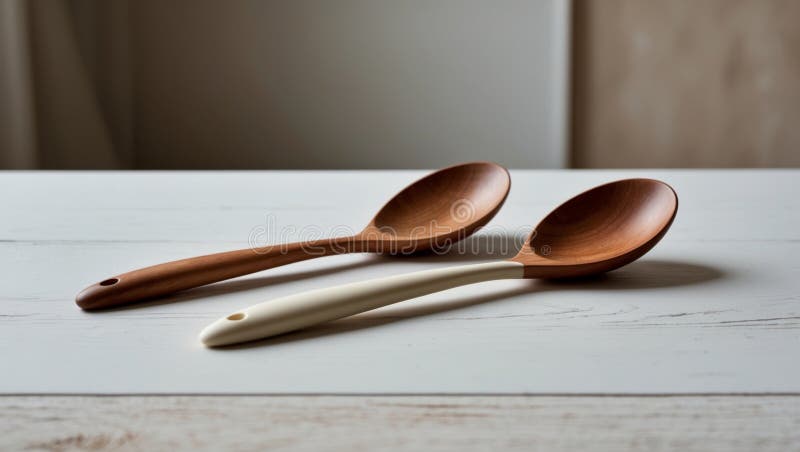 Two Identical Wooden Spoons Placed Side by Side on a Table. Stock Image ...
