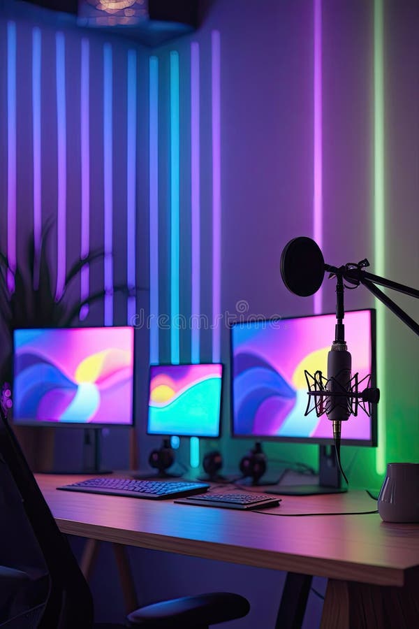 Two Illuminated Computer Screens Display Vibrant, Colorful Lights in a ...