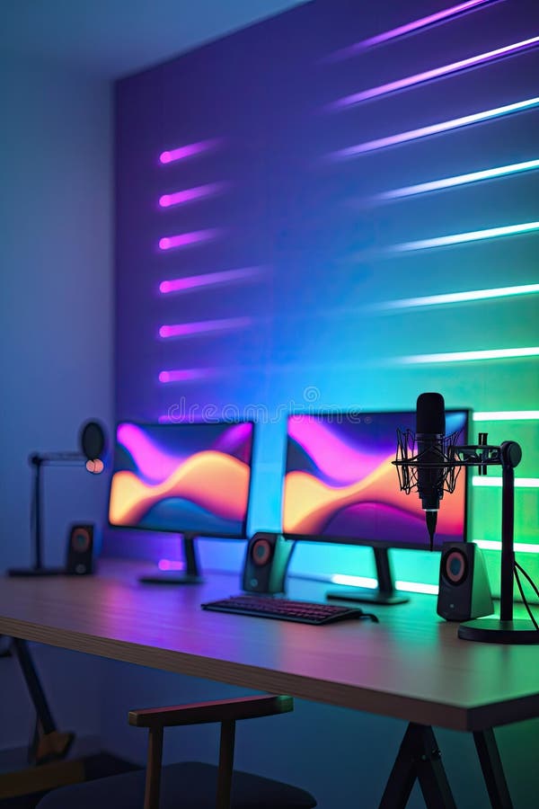 Two Illuminated Computer Screens Display Vibrant, Colorful Lights in a ...