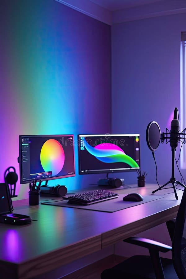 Two Illuminated Computer Screens Display Vibrant, Colorful Lights in a ...