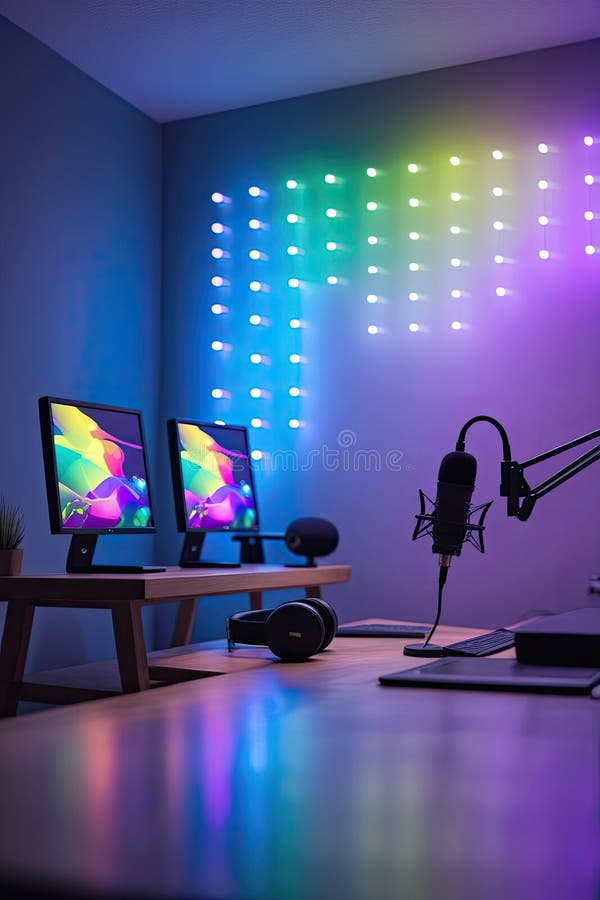 Two Illuminated Computer Screens Display Vibrant, Colorful Lights in a ...