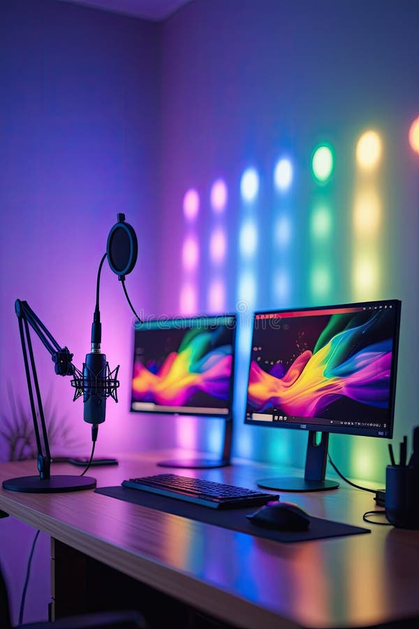 Two Illuminated Computer Screens Display Vibrant, Colorful Lights in a ...