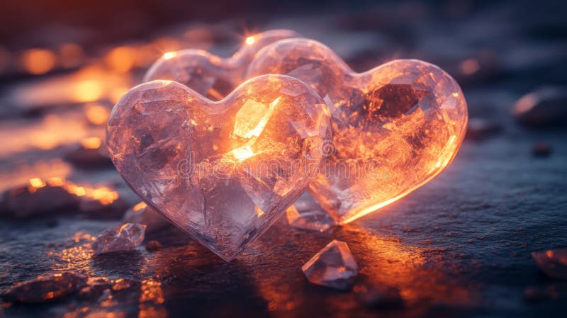Two Illuminated Crystal Hearts Resting on Dark Stones Stock ...