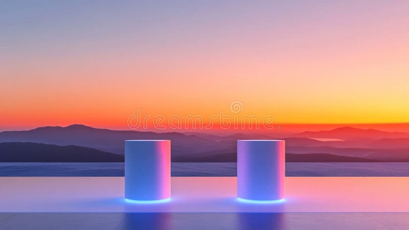 Two Illuminated Cylinders on a Terrace at Sunset Stock Illustration ...
