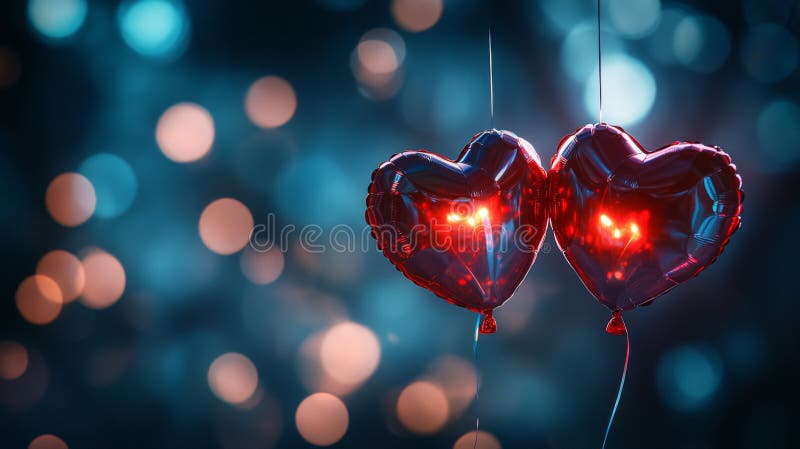Two Illuminated Heart Shaped Balloons Hanging Gently Stock Illustration ...