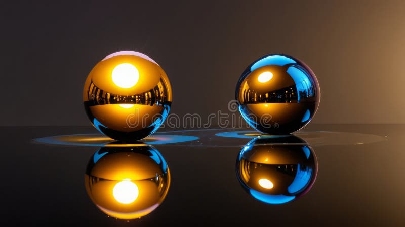 Two Illuminated Spheres with Contrasting Colors, Reflecting on a Glossy ...