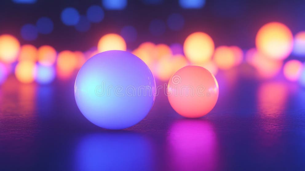 Two Illuminated Spheres Resting on a Reflective Surface Stock ...