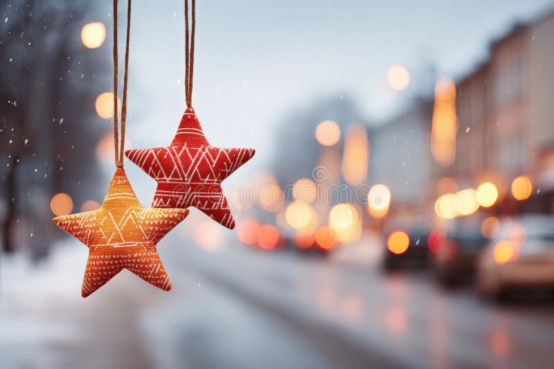 Two Illuminated Star-shaped Decorations Hanging from a String on a ...