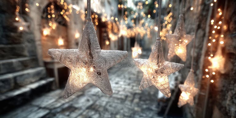 Two Illuminated Star-shaped String Lights Glowing Against a Dark ...