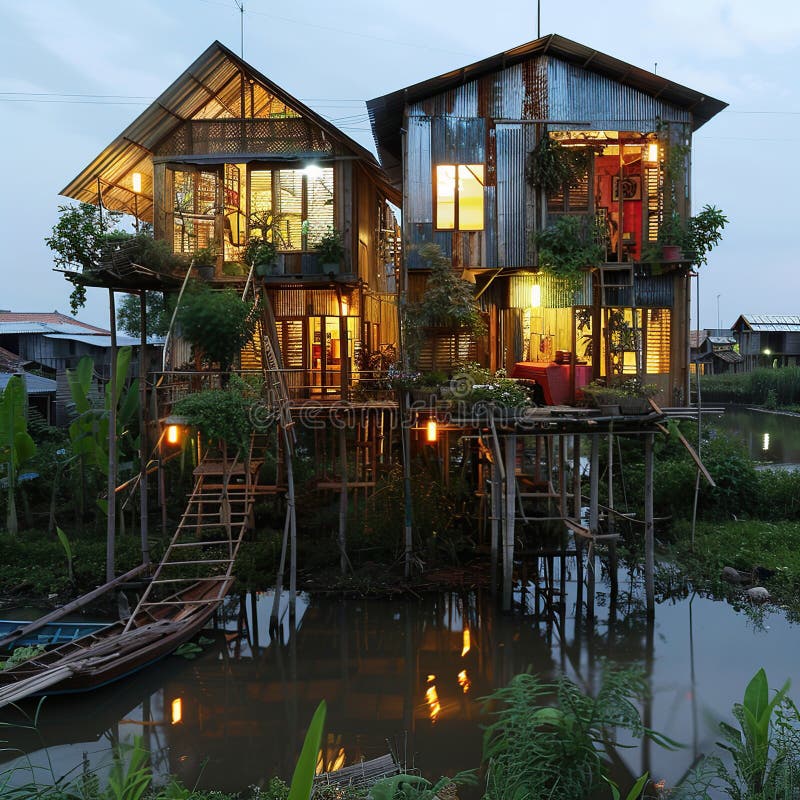 Two Illuminated Stilt Houses on Water at Dusk Stock Photo - Image of ...
