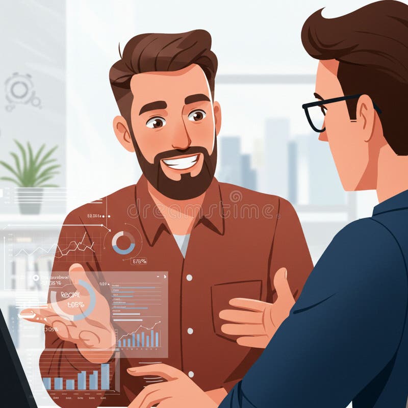 Two Illustrated Men are Interacting in an Office Setting. the Man on ...