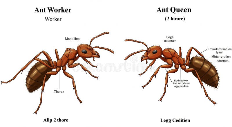 Two Illustrations Depict an Ant Worker and an Ant Queen. Both Ants ...
